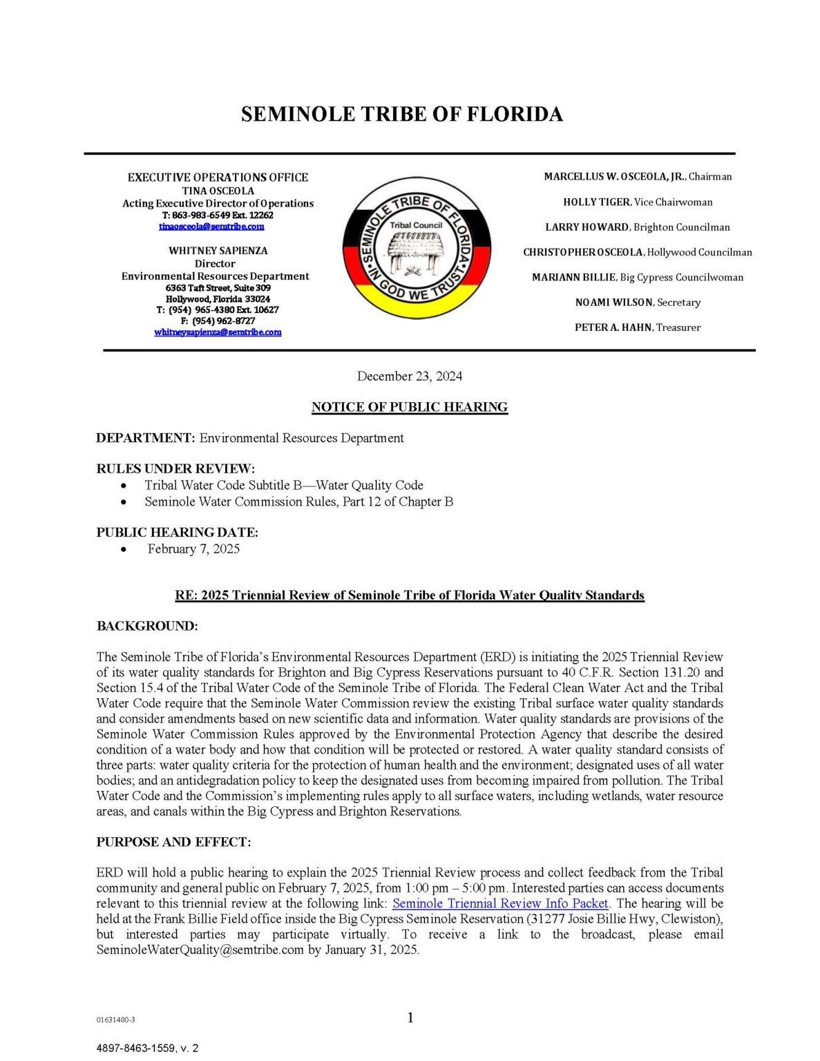 Notice of Public Hearing Triennial Review of Seminole Tribe of Florida ...